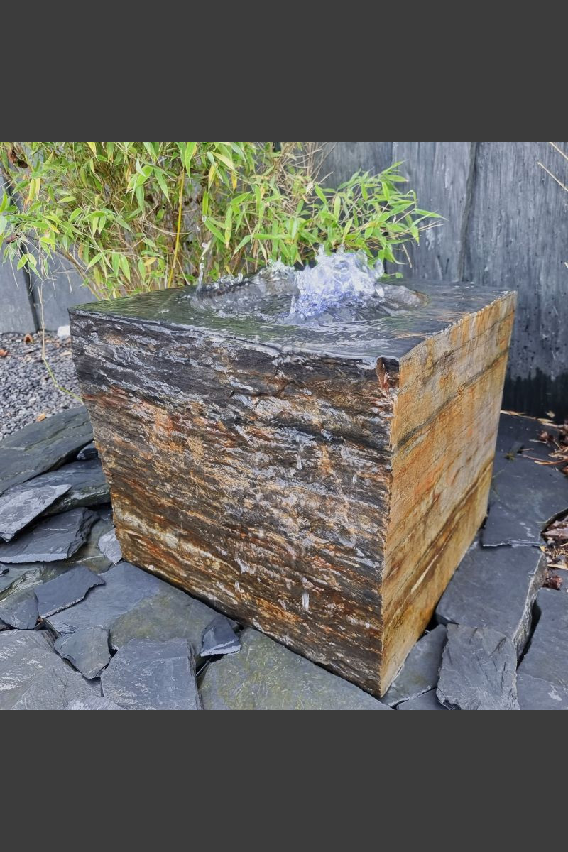 Komplettbrunnen ausgehöhlter Schiefer Würfelquellstein 46cm ...